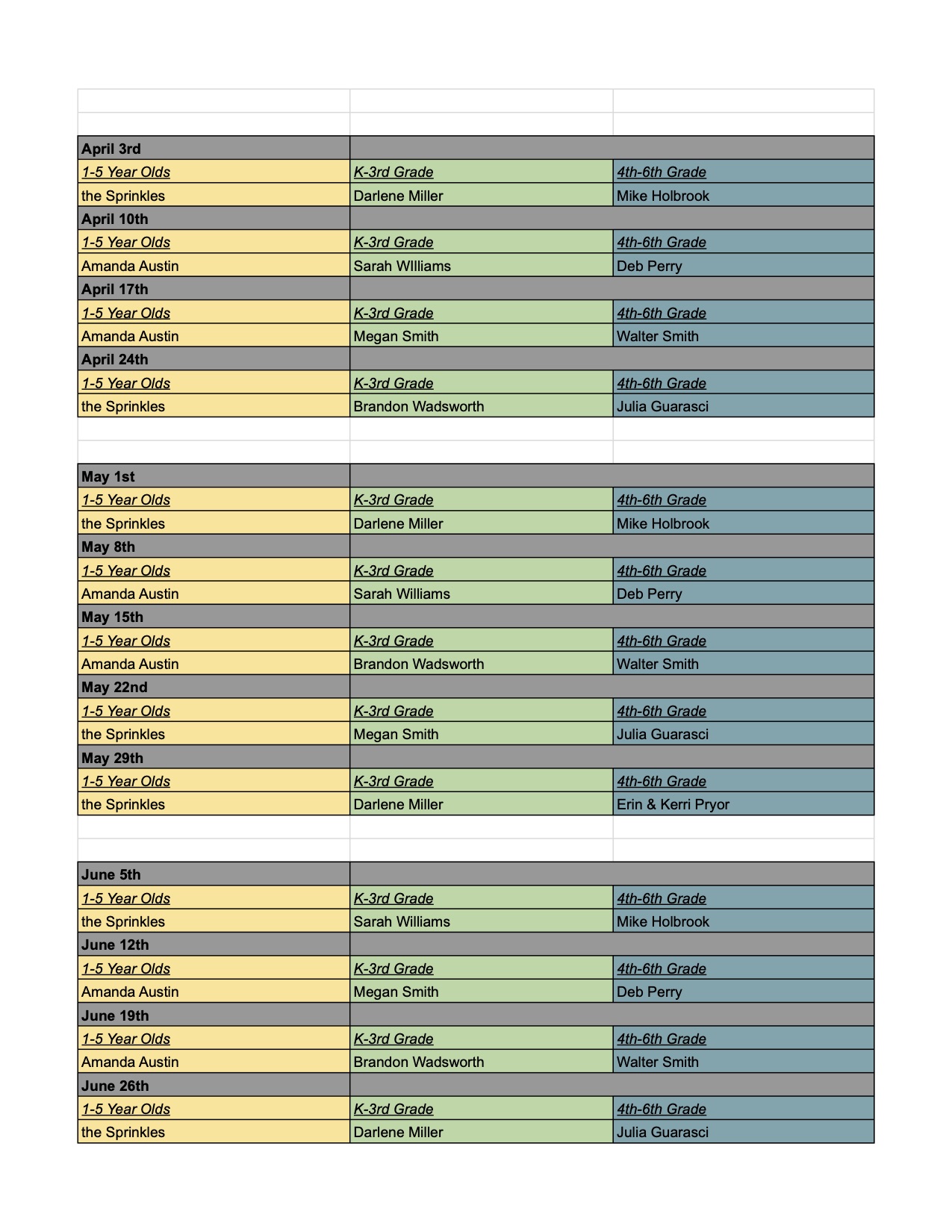 VOLUNTEER SCHEDULE - Dansville Foursquare Church